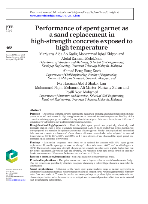 (PDF) Performance of spent garnet as sand replacement in high strength ...
