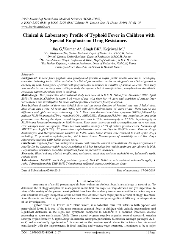 (PDF) Clinical & Laboratory Profile of Typhoid Fever in Children with ...
