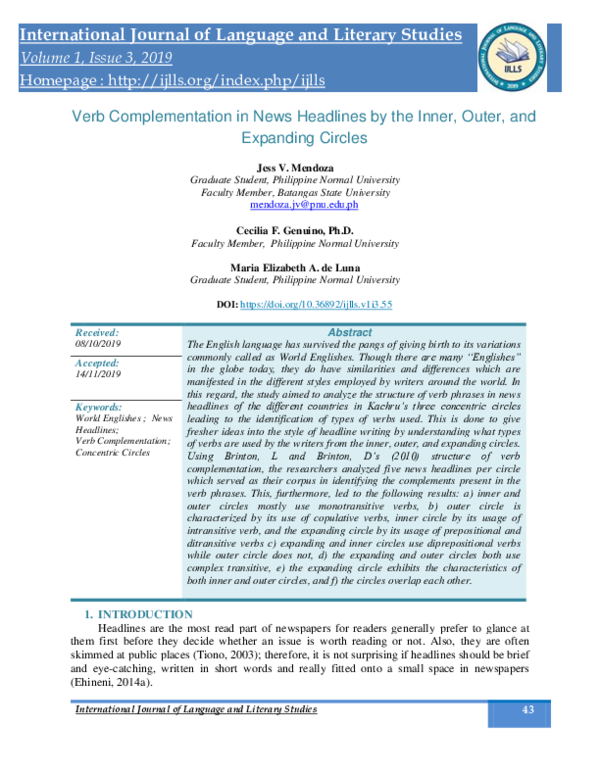 (PDF) Verb Complementation in News Headlines by the Inner, Outer, and Expanding Circles