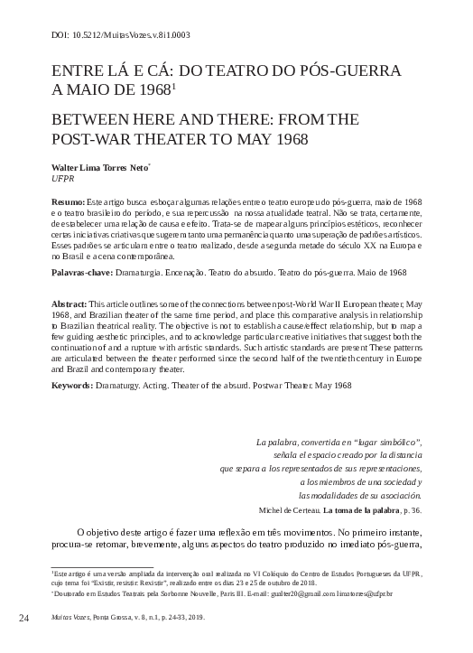 (PDF) ENTRE LÁ E CÁ: DO TEATRO DO PÓS-GUERRA A MAIO DE 1968 1 BETWEEN ...