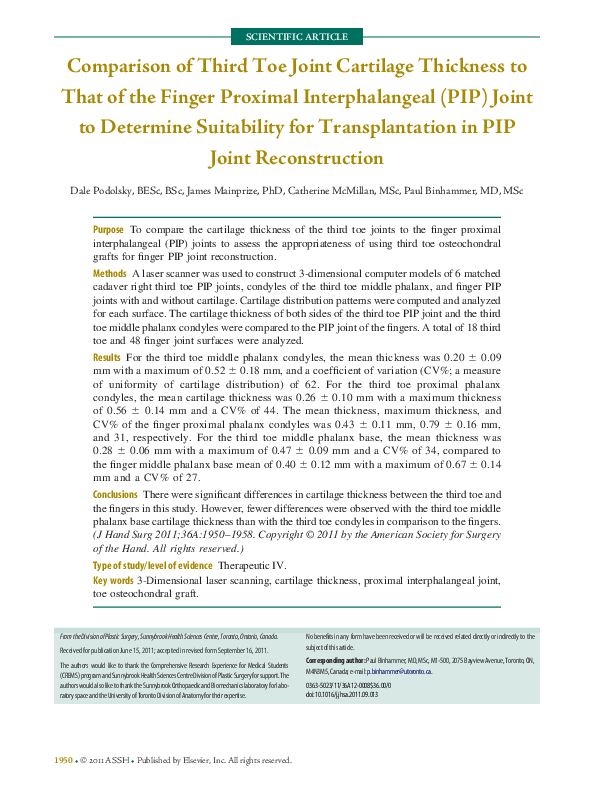 (PDF) Comparison of Third Toe Joint Cartilage Thickness to That of the ...