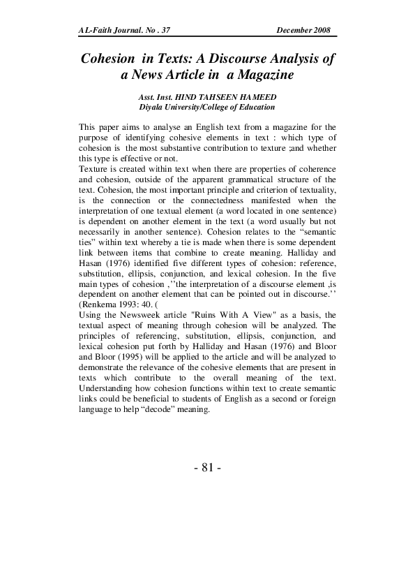 (PDF) Cohesion in Texts: A Discourse Analysis of a News Article in a ...