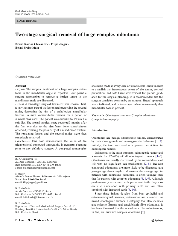 (PDF) Two-stage surgical removal of large complex odontoma