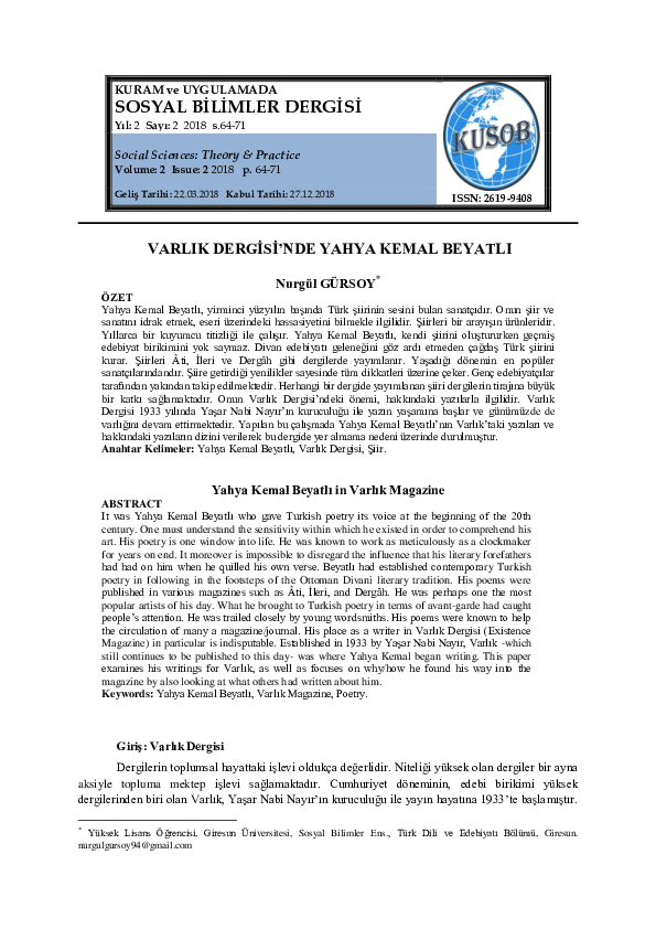 (PDF) VARLIK DERGİSİNDE YAHYA KEMAL BEYATLI