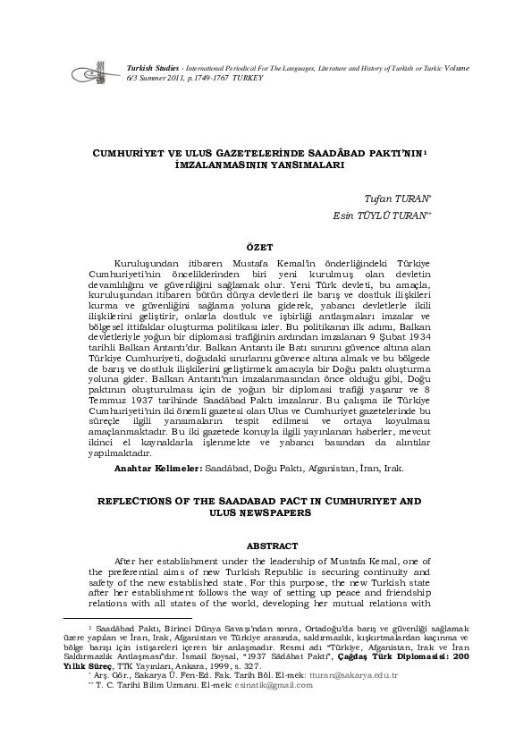 (PDF) Reflections of the Saadabad Pact in Cumhurıyet and Ulus Newspapers