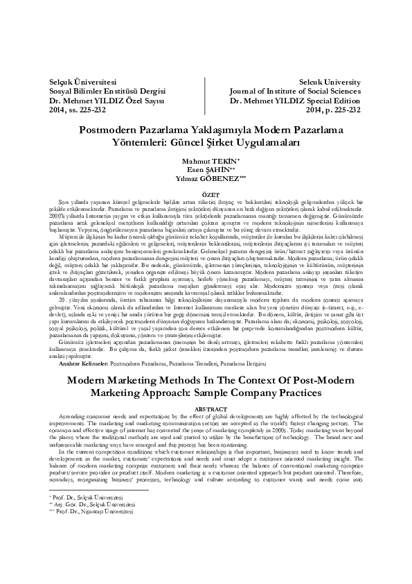 (PDF) Postmodern Pazarlama Yaklaşımıyla Modern Pazarlama Yöntemleri: Güncel Şirket Uygulamaları