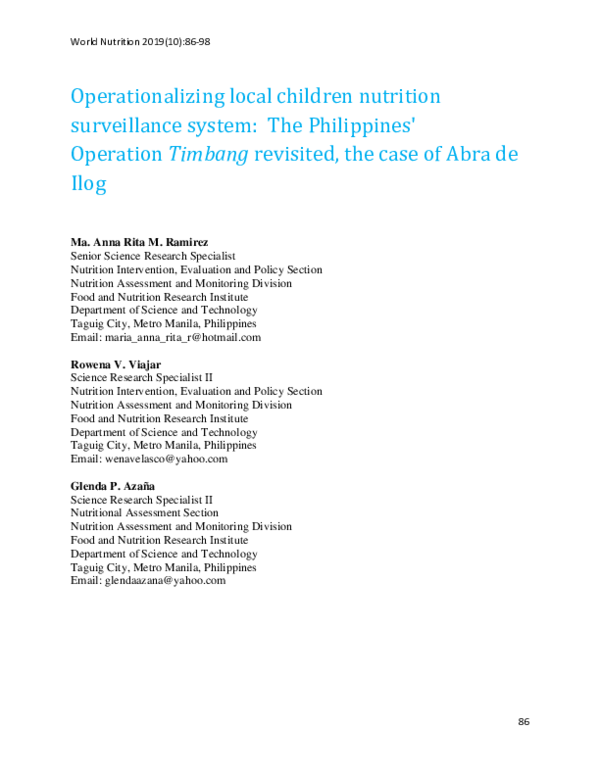 (PDF) Operationalizing local children nutrition surveillance system: The Philippines' Operation ...