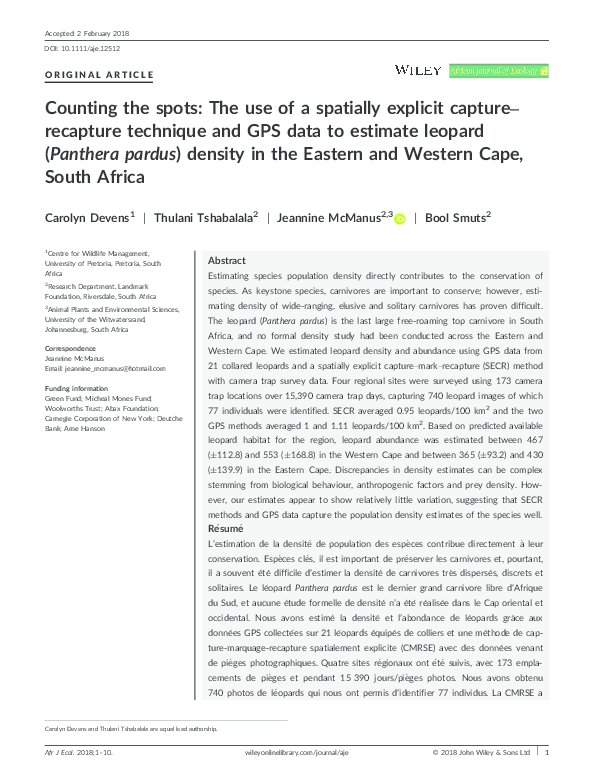 Pdf Estimating Leopard Density In South Africa