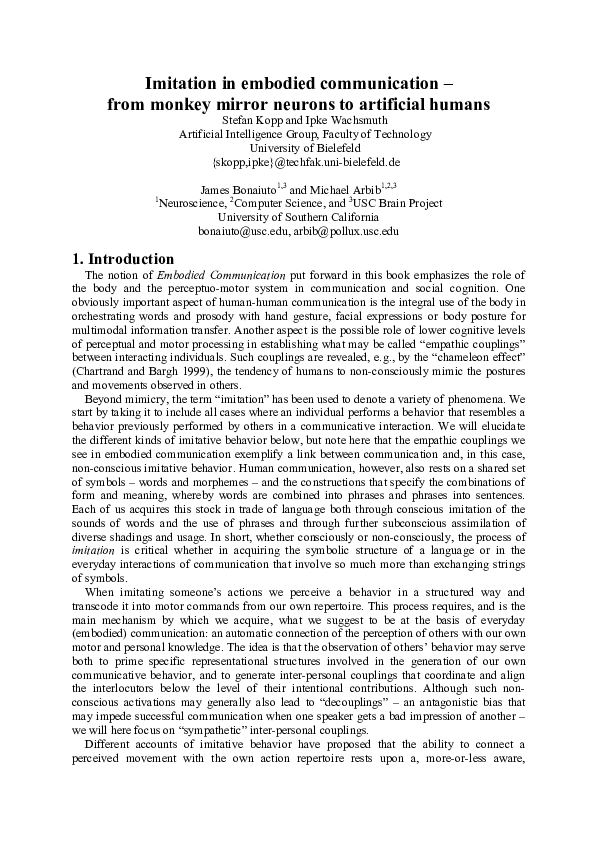 (PDF) Imitation in embodied communication—from monkey mirror neurons to ...