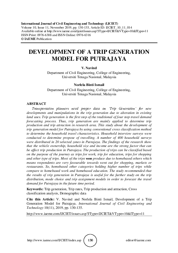 (PDF) DEVELOPMENT OF A TRIP GENERATION MODEL FOR PUTRAJAYA