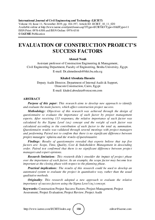 (PDF) EVALUATION OF CONSTRUCTION PROJECT’S SUCCESS FACTORS