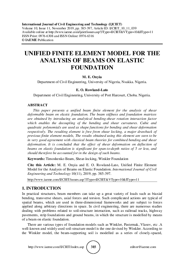 (PDF) UNIFIED FINITE ELEMENT MODEL FOR THE ANALYSIS OF BEAMS ON ELASTIC ...
