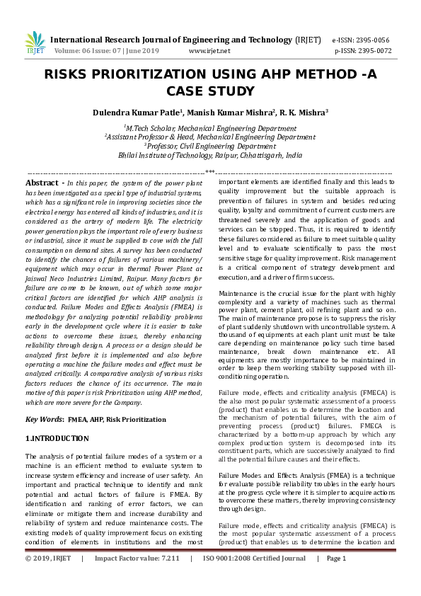 (DOC) RISKS PRIORITIZATION USING AHP METHOD -A CASE STUDY