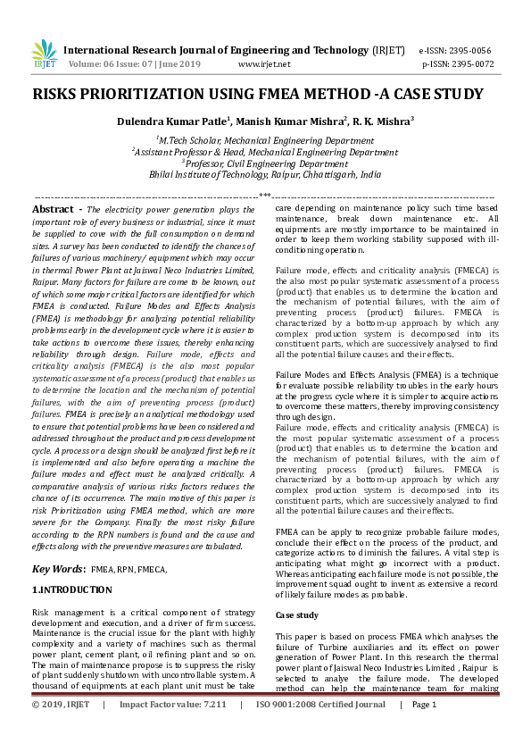 (DOC) RISKS PRIORITIZATION USING FMEA METHOD -A CASE STUDY