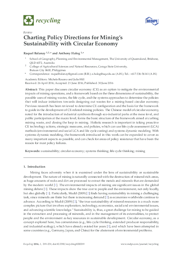 (PDF) recycling Charting Policy Directions for Mining's Sustainability with Circular Economy