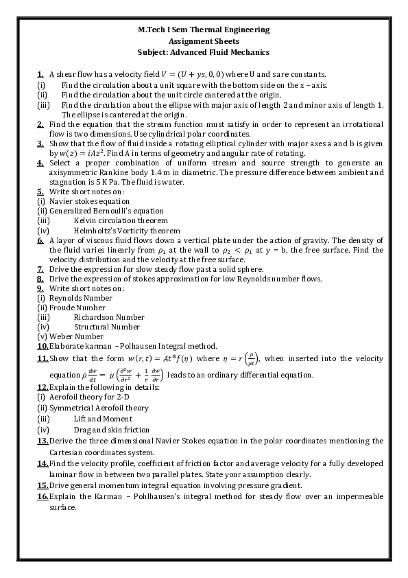 (PDF) M.Tech I Sem Thermal Engineering Assignment Sheets Subject ...