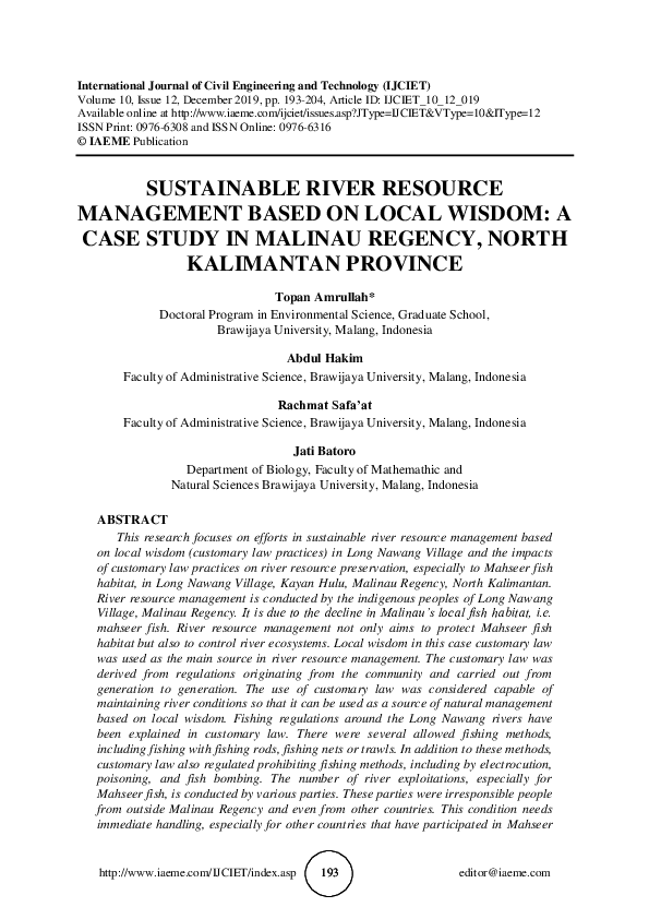 (PDF) SUSTAINABLE RIVER RESOURCE MANAGEMENT BASED ON LOCAL WISDOM: A ...