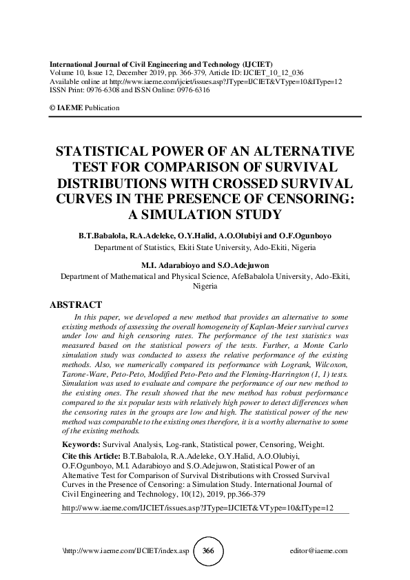 Pdf Statistical Power Of An Alternative Test For Comparison Of Survival Distributions With