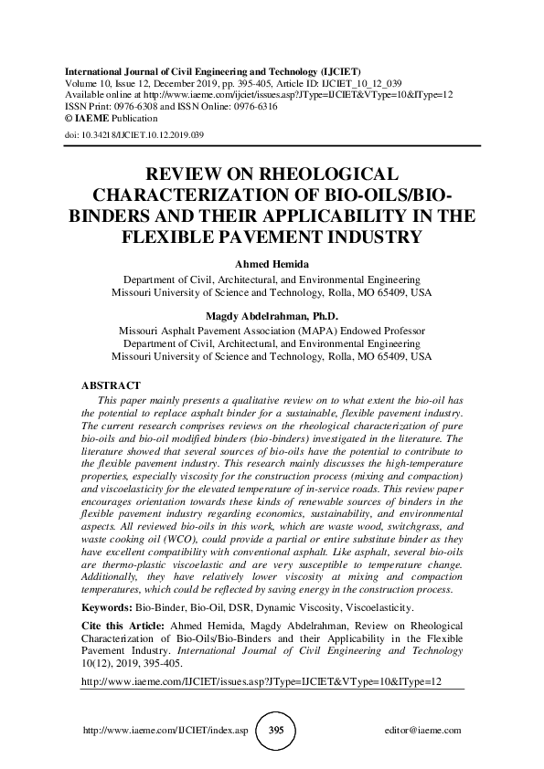 (PDF) REVIEW ON RHEOLOGICAL CHARACTERIZATION OF BIO-OILS/BIO-BINDERS ...