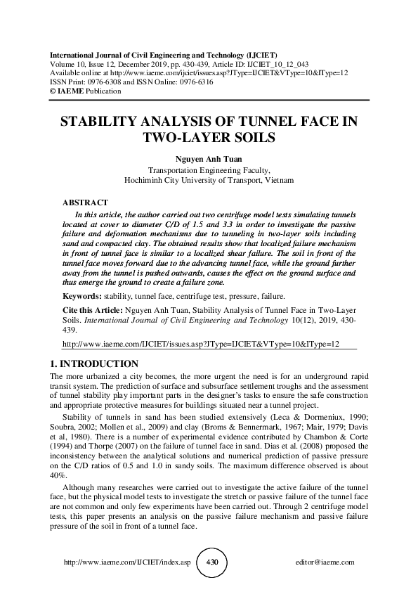 (PDF) STABILITY ANALYSIS OF TUNNEL FACE IN TWO-LAYER SOILS