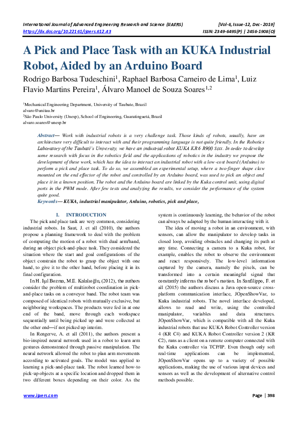 Pdf A Pick And Place Task With An Kuka Industrial Robot Aided By An Arduino Board