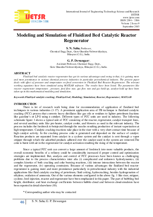 (PDF) Modeling and Simulation of Fluidized Bed Catalytic Reactor Regenerator