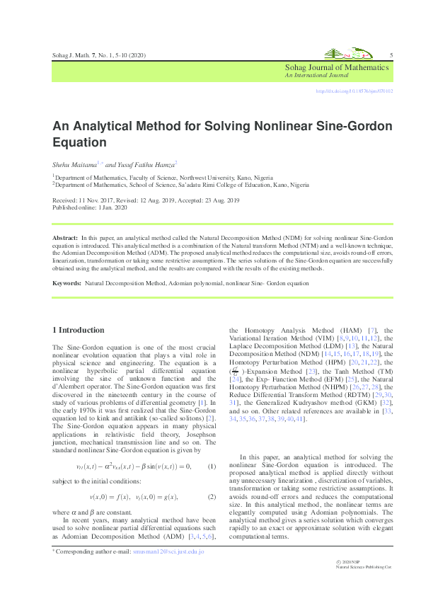Pdf An Analytical Method For Solving Nonlinear Sine Gordon Equation