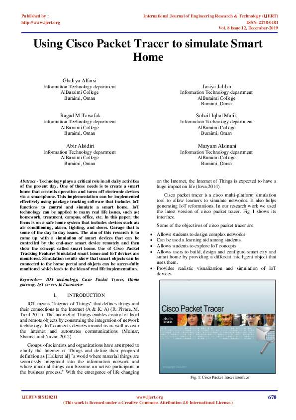 Pdf Ijert Using Cisco Packet Tracer To Simulate Smart Home Ijert Journal