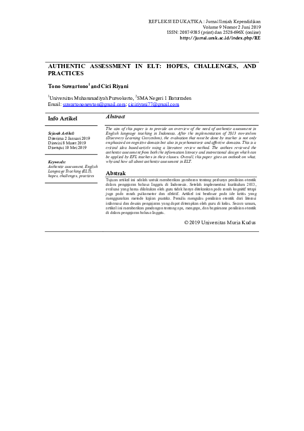 (PDF) AUTHENTIC ASSESSMENT IN ELT: HOPES, CHALLENGES, AND PRACTICES