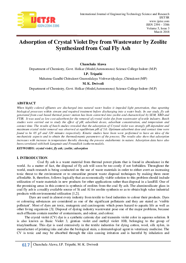 (PDF) 617 Adsorption of Crystal Violet Dye from Wastewater by Zeolite ...