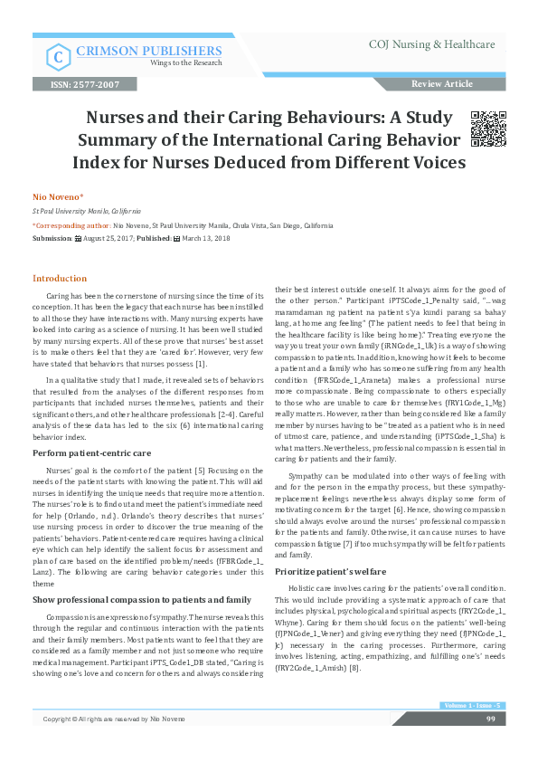 (PDF) Nurses and their Caring Behaviours: A Study Summary of the ...