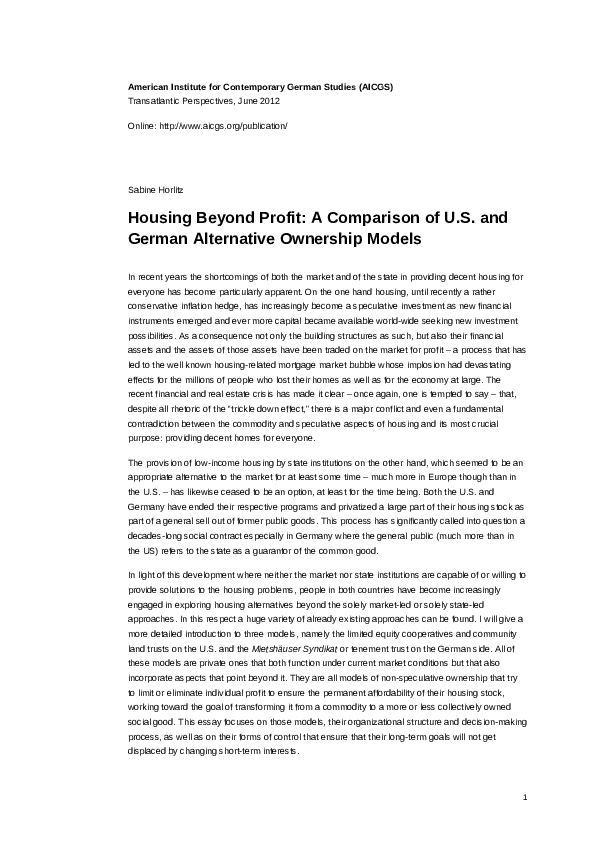 (PDF) Horlitz 2012: Housing Beyond Profit: A Comparison of U.S. and ...