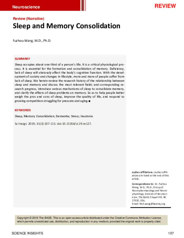 (PDF) Sleep and Memory Consolidation