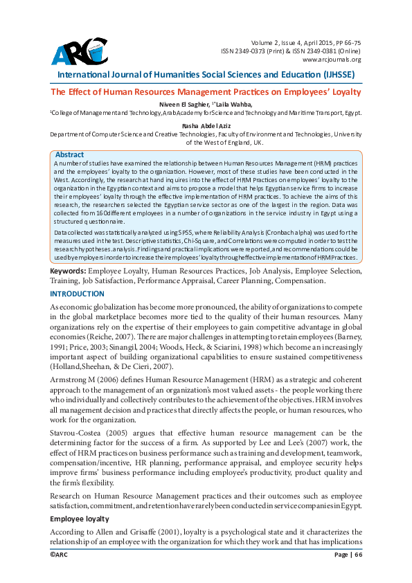 (PDF) The Effect of Human Resources Management Practices on Employees' Loyalty