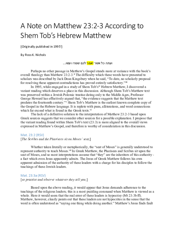 (PDF) A Note on Matthew 23:2-3 - The Seat of Moses
