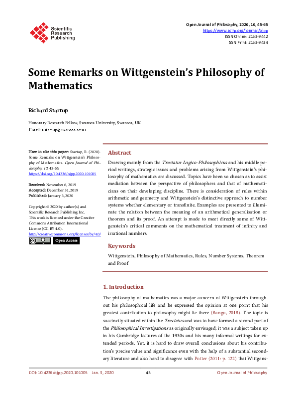 (PDF) Some Remarks on Wittgenstein's Philosophy of Mathematics