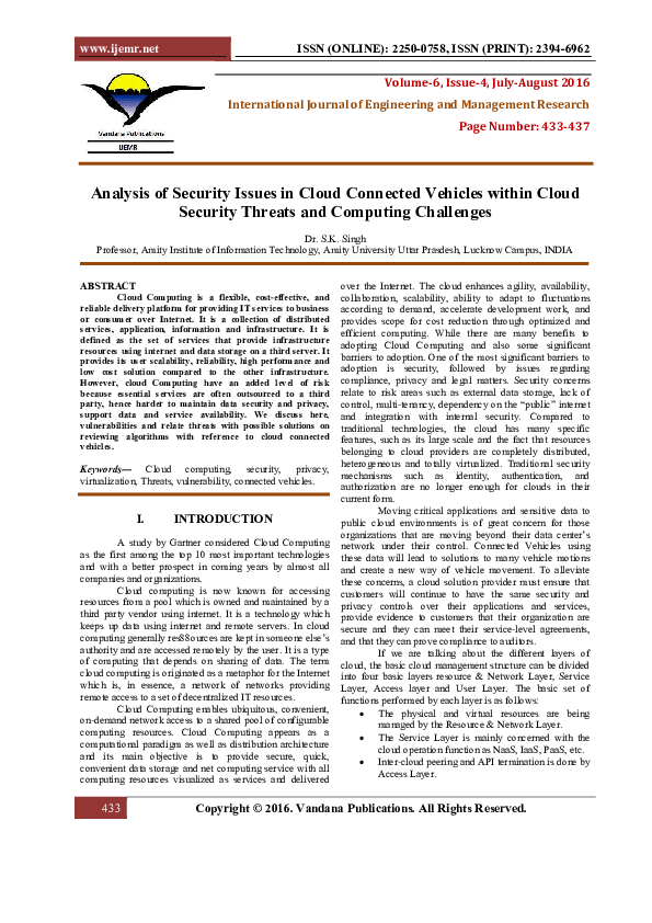 Pdf Analysis Of Security Issues In Cloud Connected Vehicles Within Cloud Security Threats And