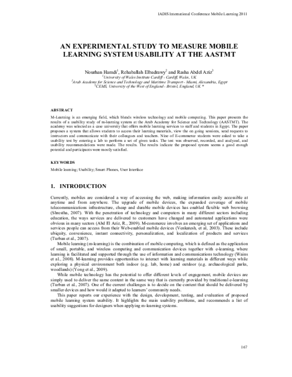 (PDF) AN EXPERIMENTAL STUDY TO MEASURE MOBILE LEARNING SYSTEM USABILITY AT THE AASTMT