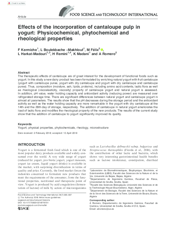 (PDF) Effects of the incorporation of cantaloupe pulp in yogurt: Physicochemical, phytochemical ...