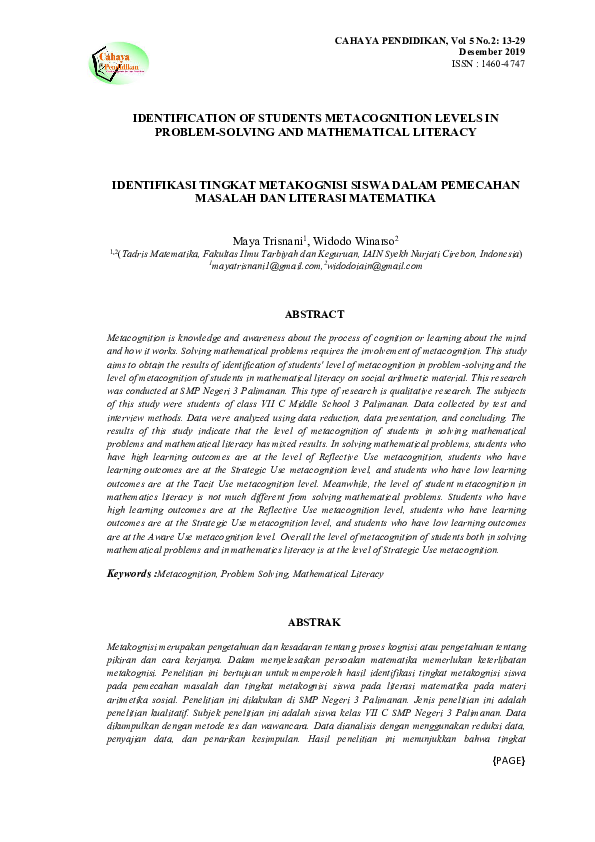 (PDF) IDENTIFICATION OF STUDENTS METACOGNITION LEVELS IN PROBLEM-SOLVING AND MATHEMATICAL LITERACY