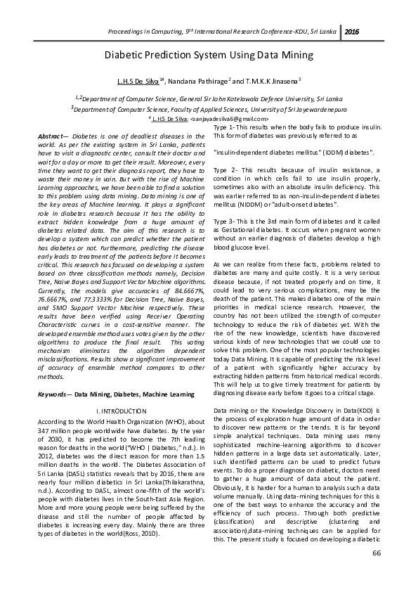 (PDF) Diabetic Prediction System Using Data Mining