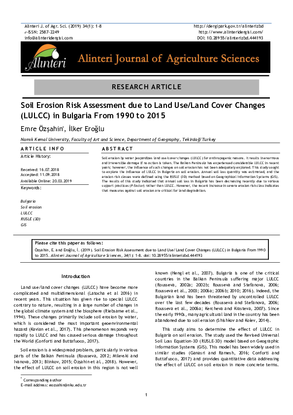 (PDF) Soil Erosion Risk Assessment due to Land Use/Land Cover Changes ...