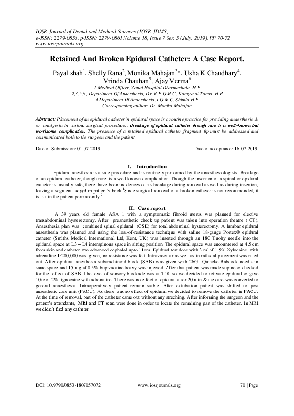 (PDF) Retained And Broken Epidural Catheter: A Case Report.