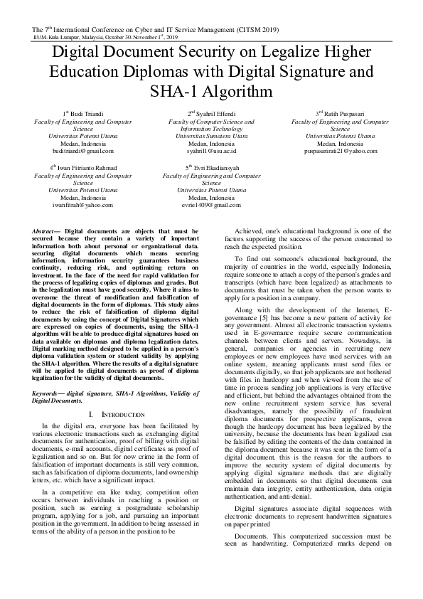 (PDF) Digital Document Security on Legalize Higher Education Diplomas with Digital Signature and ...