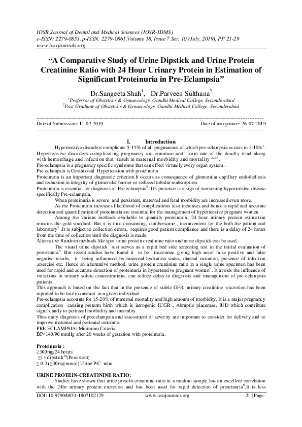 (PDF) "A Comparative Study of Urine Dipstick and Urine Protein ...