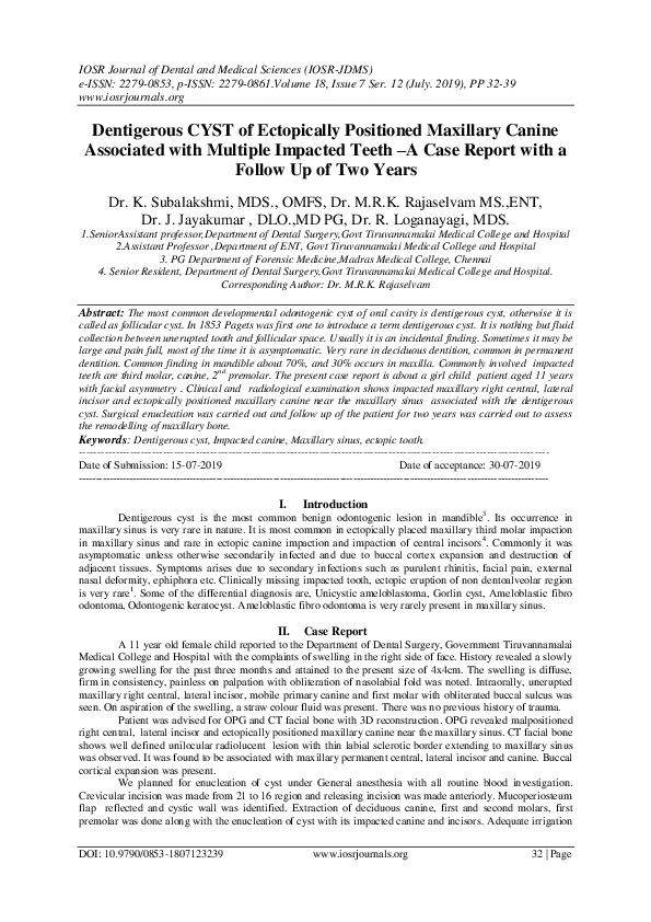 (PDF) Dentigerous CYST of Ectopically Positioned Maxillary Canine ...