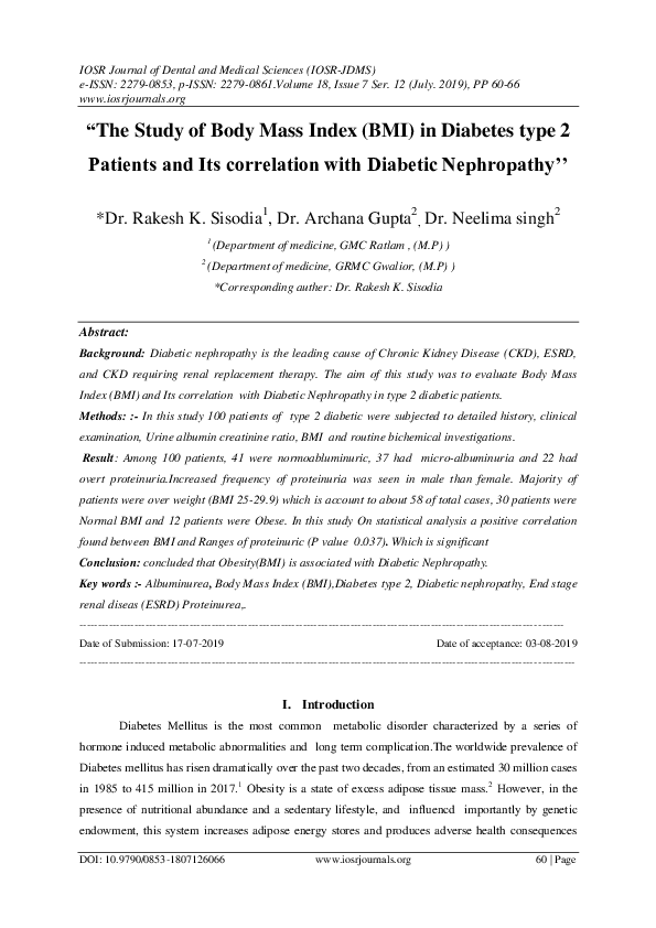 (PDF) "The Study of Body Mass Index (BMI) in Diabetes type 2 Patients ...
