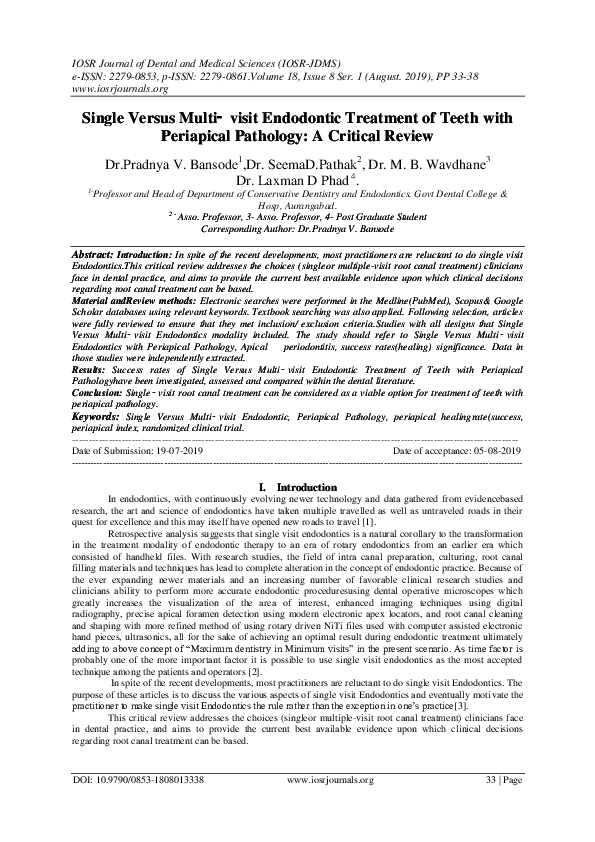 (PDF) Single Versus Multi-visit Endodontic Treatment of Teeth with ...