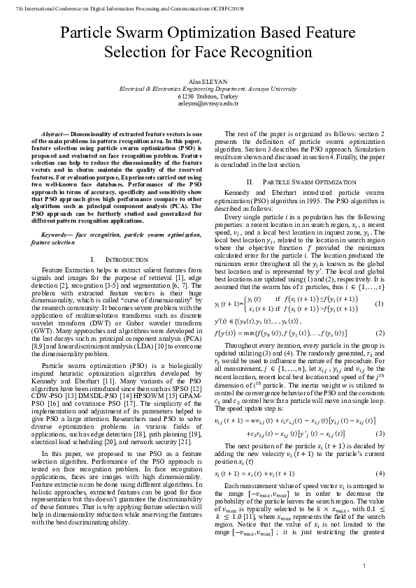 (PDF) Particle Swarm Optimization Based Feature Selection for Face Recognition