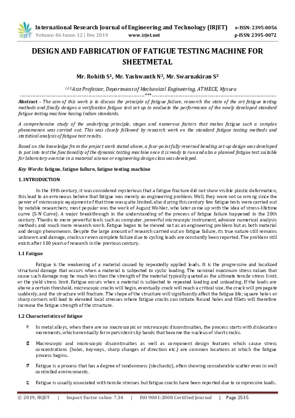 (PDF) DESIGN AND FABRICATION OF FATIGUE TESTING MACHINE FOR SHEETMETAL